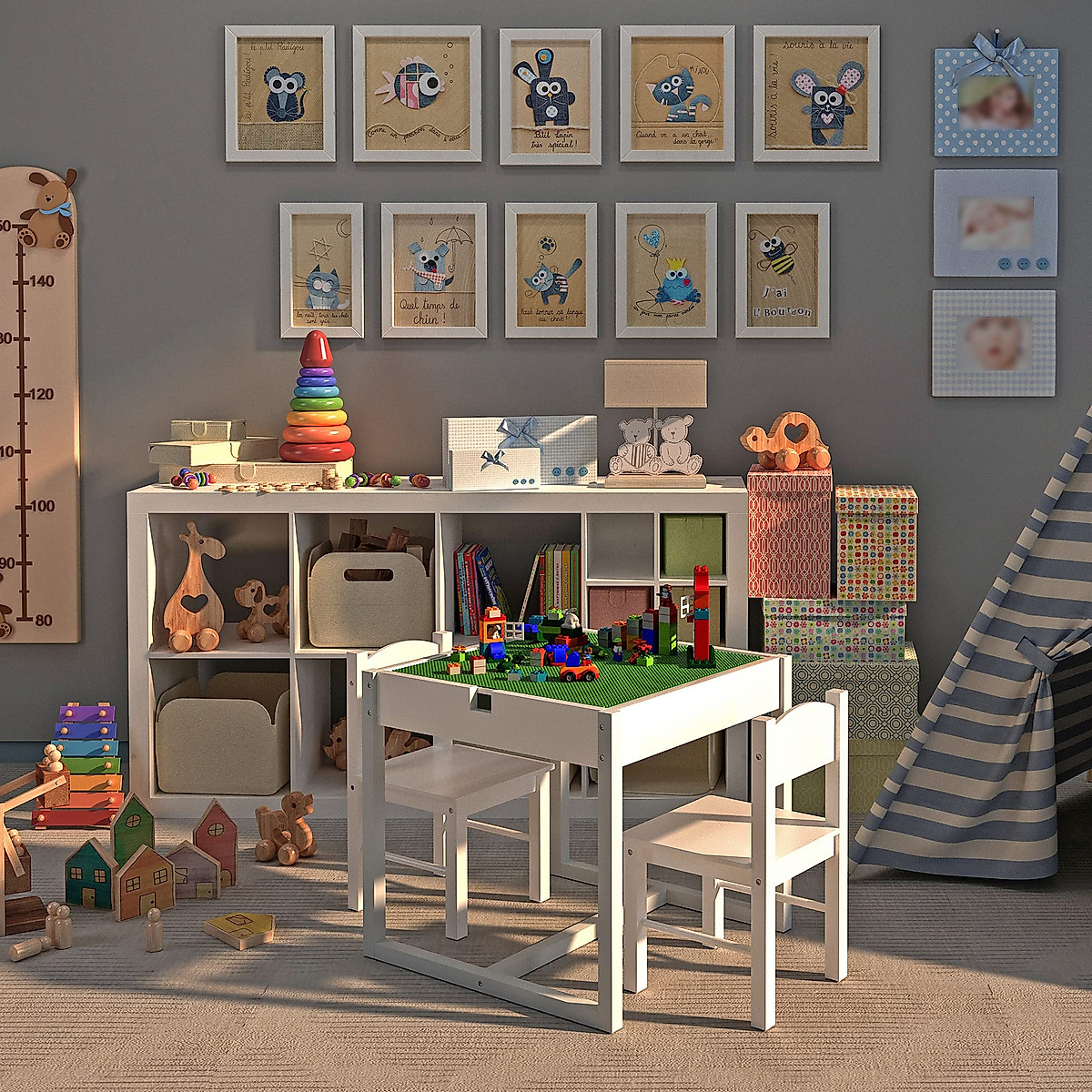 4NM 3 in 1 Kids Table Set for 2, Children Table and Chairs, Toddler Play Activity Table with Hidden Storage Wood Building Block Table Desk for Ages 3-7 - White Green