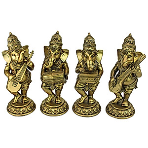 Design Toscano Musical Ganesha Hindu Elephant Men Band Statues, Set of Four Figurines, 7 inches tall, Cast Stone Resin, Antique Gold Finish
