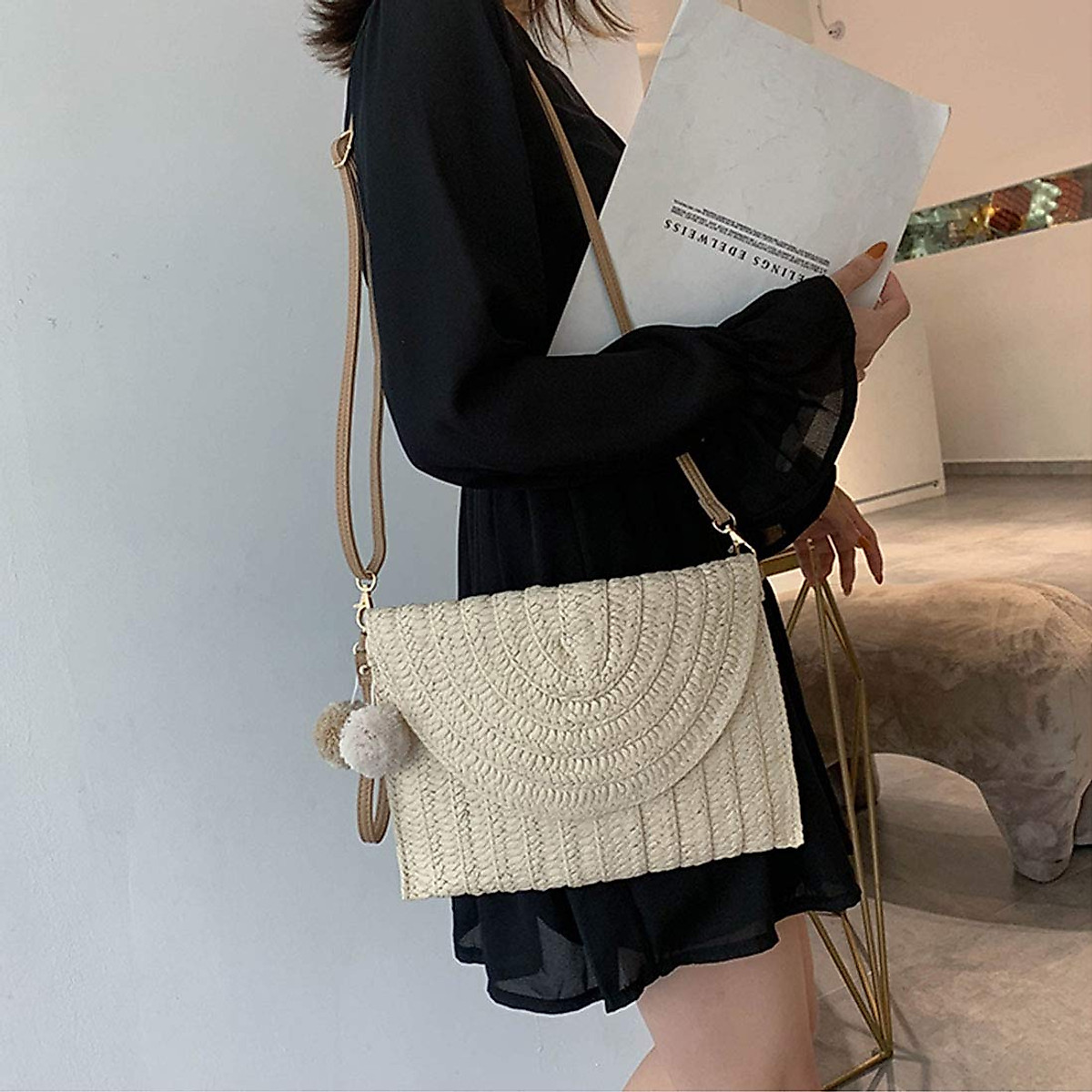Straw Shoulder Bag Women Straw Clutch Summer Beach Crossbody Bag Handmade Woven Purse Handbag Holiday Gifts, Beige, 7.9 x 10.6 inch