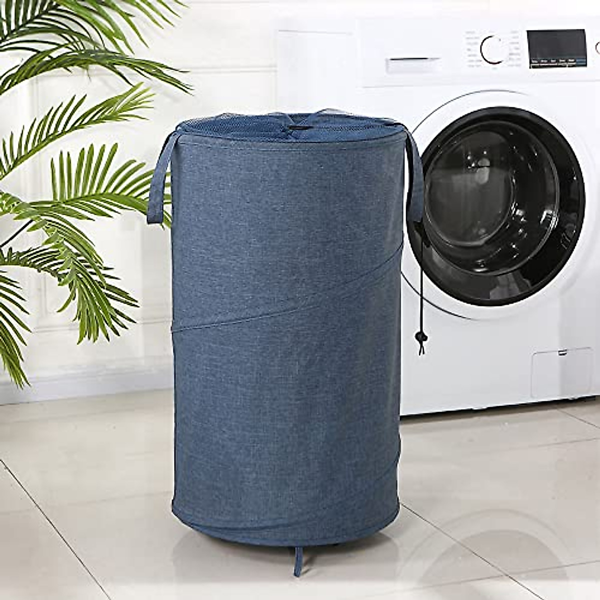 Viviphanhy Collapsible Laundry Baskets Dorm Pop Up Laundry Hamper Oxford Cloth Cylinder With Wheels Handles (Blue)