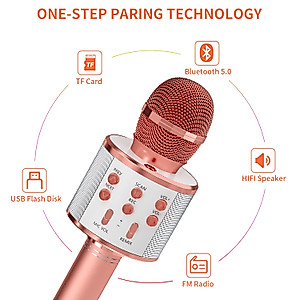 GIFTMIC Kids Microphone for Singing, Wireless Bluetooth Karaoke Microphone for Adults, Portable Handheld Karaoke Machine, Toys for Boys and Girls Gift for Birthday Party (Rose Gold)