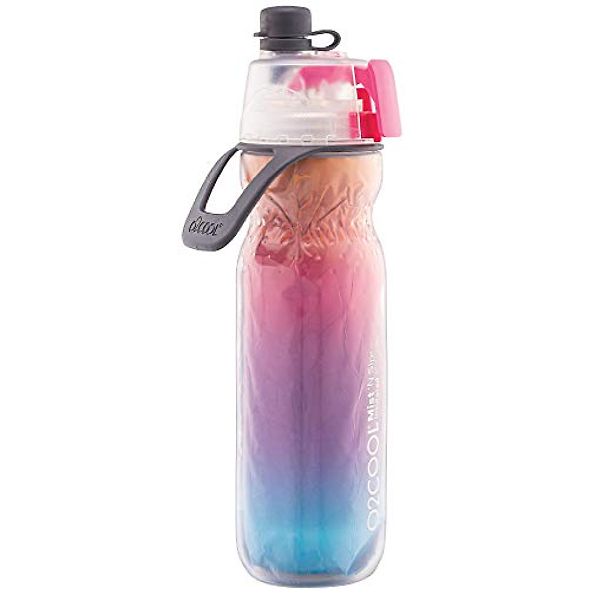 O2COOL Arctic Squeeze Insulated Mist 'N Sip Water Bottle | 2 Pack- 20 oz | BPA Free, 2-in-1 Mist and Sip Function w/No Leak Pull Top Spout (Ras Ombre/Tropical)