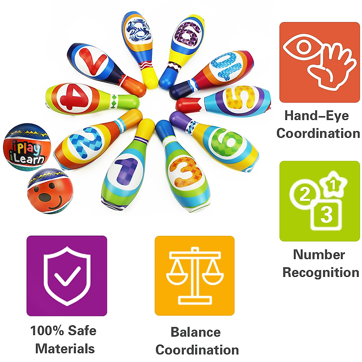 iPlay, iLearn Kids Bowling Toys Set, Toddler Indoor Outdoor Activity Play Game, Soft 10 Foam Pins Two Balls Set, Educational Birthday Party Stocking Stuffer Gift 18 24 Month 2 3 Year Children Boy Girl