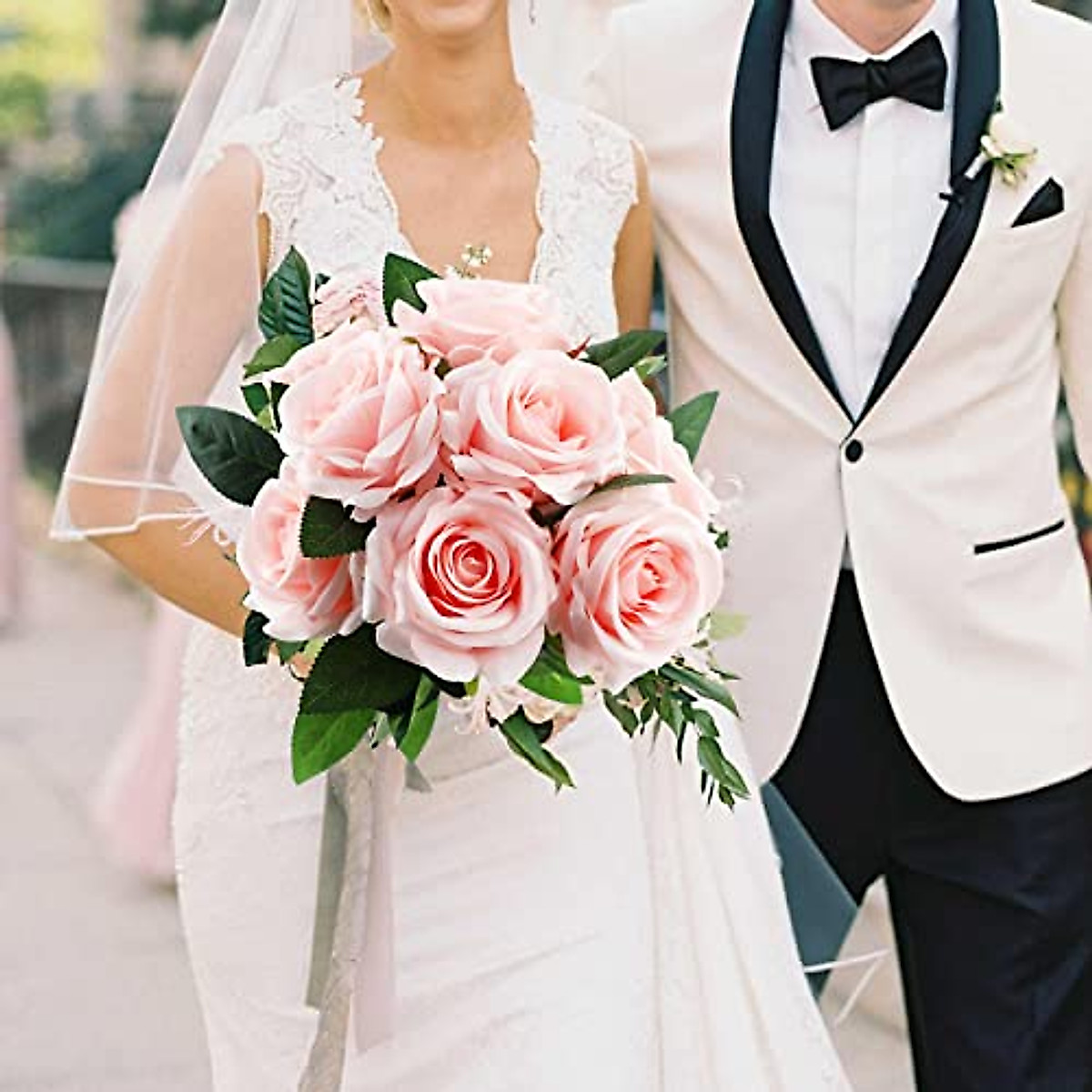 Heofloliy 10PCS Fake Roses Pink Roses Silk Artificial Flowers with Steam Bridal Bouquets for Party Wedding Decoration Table Centerpiece Arrangement (Pink)