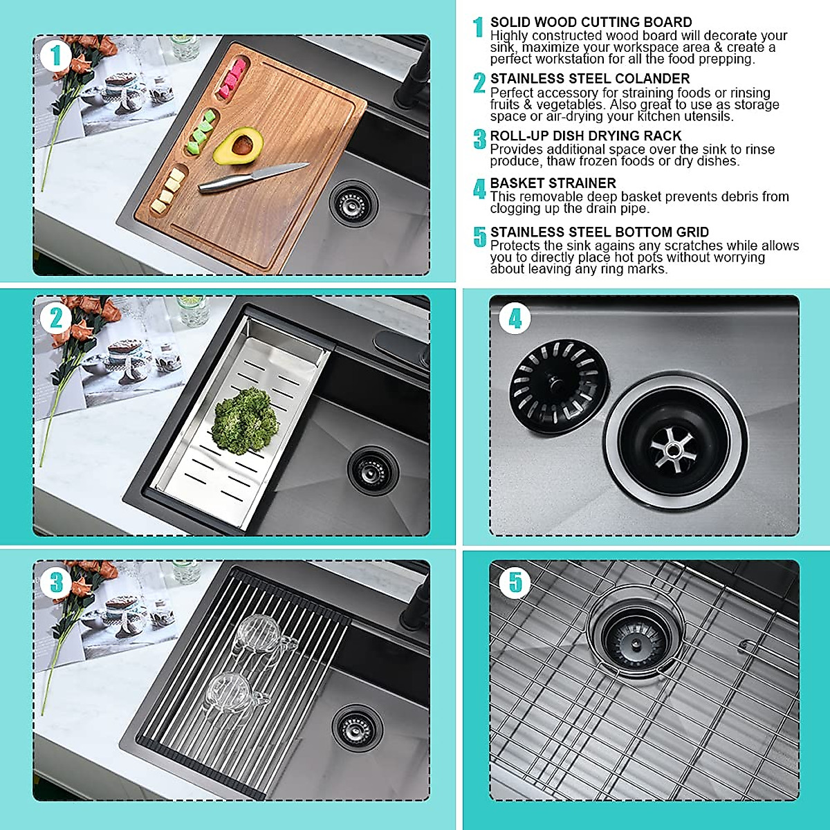 33 Black Drop In Kitchen Sink Workstation - iAnomal 33 x 22 Black Kitchen Sink Drop In Topmount Workstation Sink 16 Gauge 10 Inch Deep Stainless Steel Single Bowl Kitchen Sink with Cutting Board