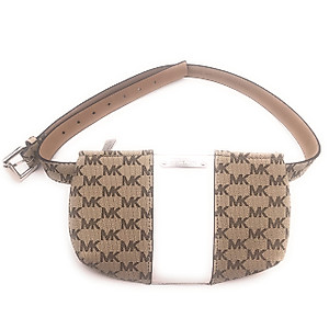 Michael Kors 556137C Brown/Khaki/White Logo Design With Silver Hardware Women's Adjustable Belt Bag Waist Pack (L/XL)