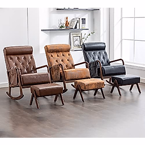 Kurhwyss Nursery Rocking Chair with Ottoman, Upholstered Rocker Chair with Arm Pocket, Modern Accent Glider Chair with Comfy High Back for Living Room Bedroom (Coffee)