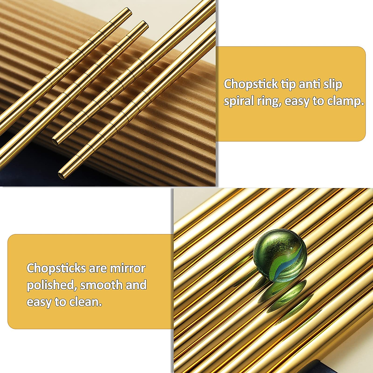 OIULO Gold Stainless Steel Chopsticks - Reusable Chopsticks - 5 Pairs Dishwasher Safe Metal Chopsticks - Easy to Use - Pressure Line Lightweight Chop Sticks- Gift Set（9 Inch ）