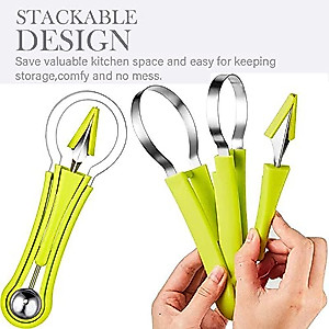 Suuker Melon Baller Scoop Set,4 In 1 fruit cutters shapes for kids, watermelon scooper fruit scooper and baller, Seed Remover Knife and fruit carving tools（Green）