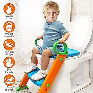 Potty Training Seat Toilet w/Step Stool Ladder & Splash Guard, Kids Toddlers Trainer w/Handles. Sturdy & Foldable. Non-Slip Steps & Anti Slip Pads. Adjustable Potty Chair - Boys Girls Baby (Blue)
