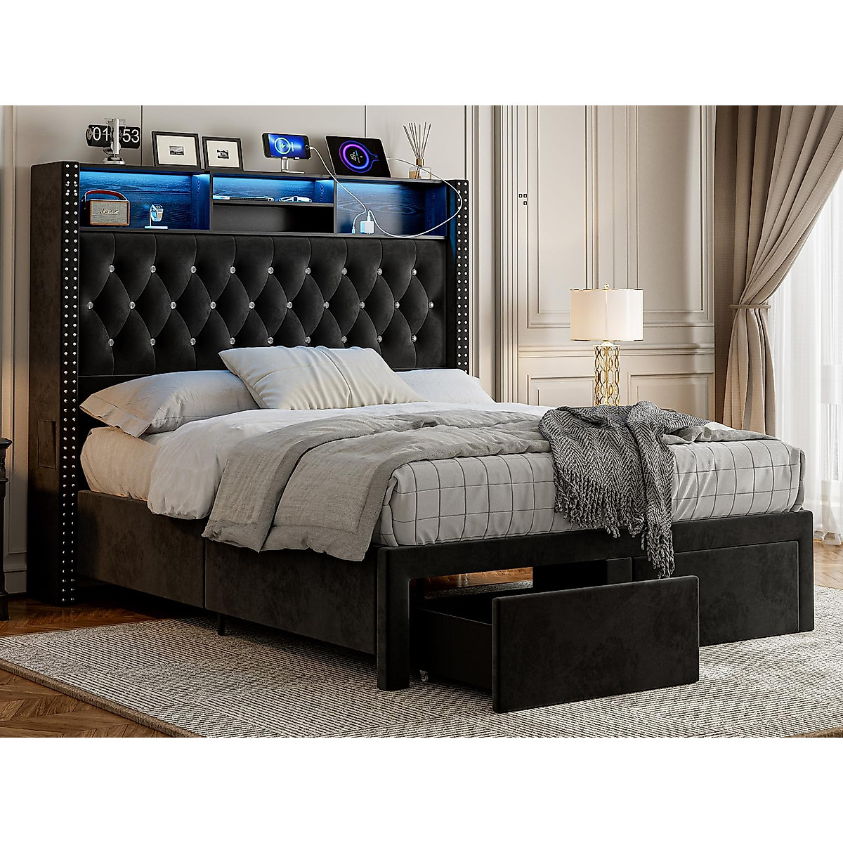 CIKUNASI Upholstered Queen Size Bed Frame with Headboard and Storage, 60“Tall Bed Frame with 2 Drawers, Tufted Wingback Bed Frame Queen Size LED Light, Charging Station, No Box Spring Needed