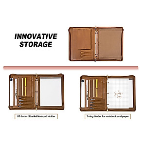 Free Name Engraved, Personalized Leather Portfolio Binder for Men, 3 Ring Binder Custom Padfolio Folder, Handmade Professional Business Organizer with Zipper, Gift for Men/Women, Customized, Brown