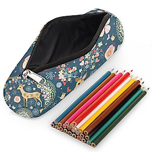 Flower Deer Bird Canvas Pencil Case for Pen Pouch Bag, Durable Compact with Zipper Round Pencil Case, Stationery Organizer Bag Purse for Kids Girls Boys School Adults Office