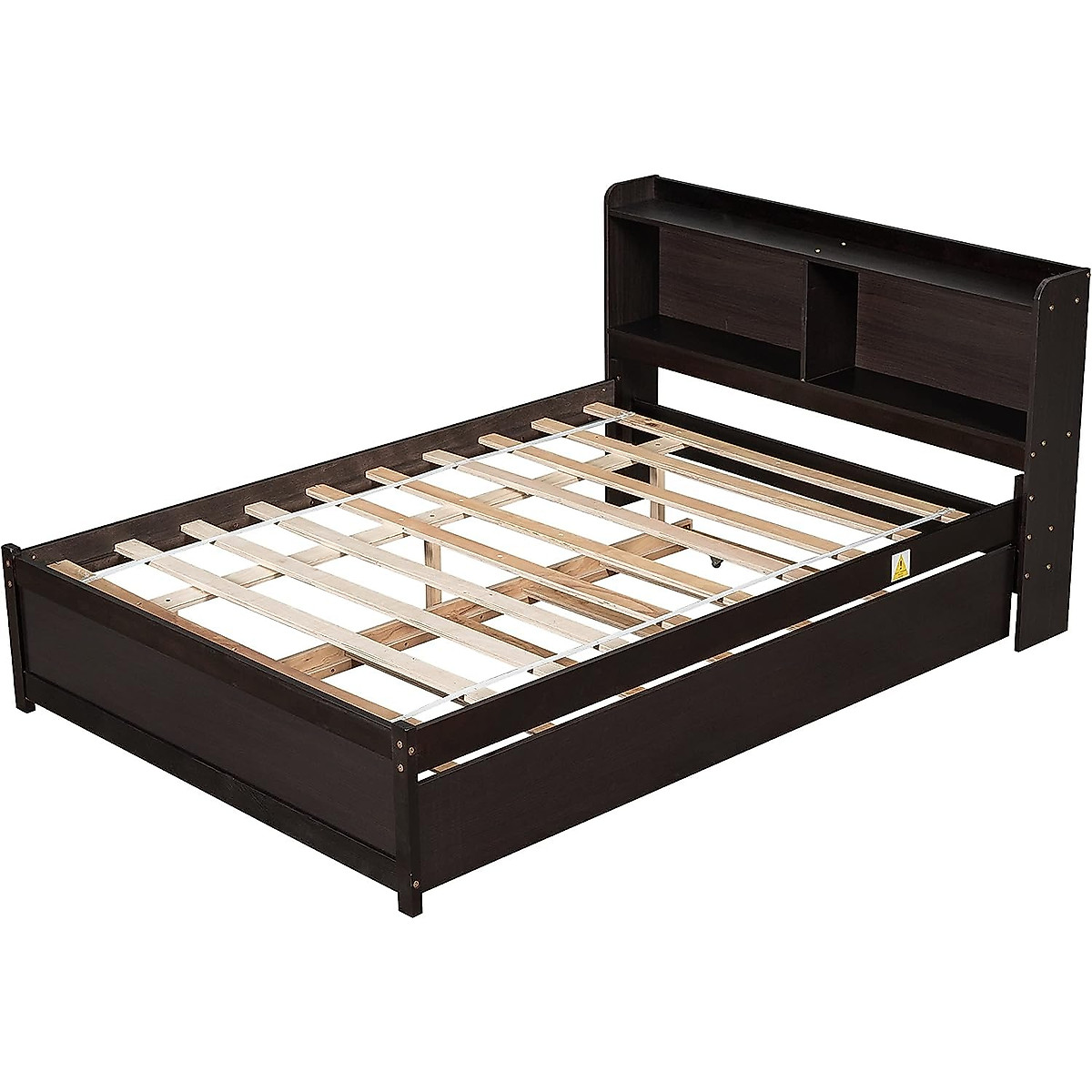 Harper & Bright Designs Full Bed Frame with Trundle, Full Trundle Bed with Bookcase Headboard, Wood Full Size Platform Bed with Twin Trundle Bed Under for Kids Girls Boys, Espresso