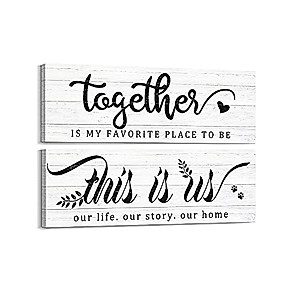 Kas Home Farmhouse Wall Decor - 2 Pieces This Is Us & Together Rustic Canvas Wall Art for Home Inspirational Print Bedroom Decor Plaque Hanging Decorations for Living Room (5.5 x 16.5 inch, White - 2 Pieces)