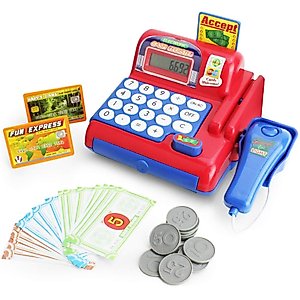 Boley Toy Cash Register with Scanner - Red and Blue Toddler Cash Register Toy for Kids with Calculator and Toy Credit Card Reader