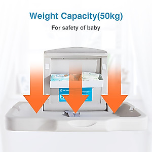 KSITEX Baby Changing Station Wall Mounted Baby Changing Table Foldable Diaper Changing Unit Commercial Restrooms Horizontal HDPE Meterial with Safrty Strap White Gray