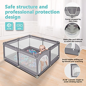Baby Playpen with Mat 71 x 59 inch Baby Playpen for Babies and Toddlers, Extra Large Baby Playyard for Indoor & Outdoor Activity, with Soft Breathable Mat & 4 Pull Rings for Kids Center (Gray)