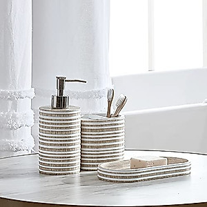 DKNY Bathroom Accessories Set 3 Pieces Striped Bath Countertop Accessory - Toothbrush Holder, Soap Dispenser, Vanity Tray, Beige White