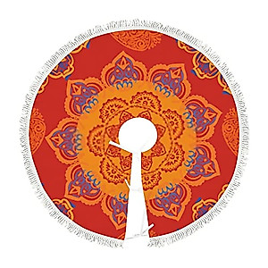 Hapuxt Christmas Tree Skirt 48 Inch Xmas Plush Skirts Decoration Geometric Ethnic Style Circular Deco Merry Christmas Family Party Holiday Indoor Outdoor Home Decor White Tassel Lace