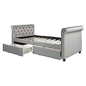 ATY Twin Size Daybed with Two Storage Drawers, Upholstered Sofa Bed Bedframe w/Wood Slat Support, No Box Spring Needed, for Bedroom, Guestroom, Save Space, Gray