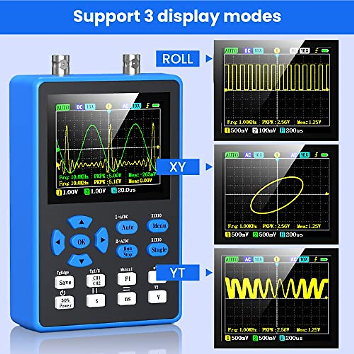 Digital Oscilloscope with 2 Channels 120Mhz Bandwidth Signal Generator 500MSa/s Sampling Rate, 2.8" LCD Backlight Display, Waveforms Storage, 3 Scan Modes, XY/YT/Roll, FFT Spectrum, Single Trigger