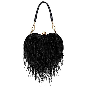 Women Ostrich Feather Tote Bag Heart Shaped Fluffy Purse Clutch Feather Purse Feather Evening Handbag for Wedding Party(Black)