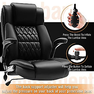 Large High Back Office Chair - Adjustable Lumbar Support Flip Up Arms Heavy Duty Quiet Wheels Metal Base Breathable Bonded Leather Ergonomic Executive Computer Desk Chair with Storage Bags, Black