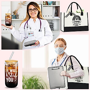 Teenyyou 7 Pcs Nurse Gift for Women Nursing Graduation Gift Set Include Nurse Tote Bag Stethoscope Case Nursing Ballpoint Pen Badge Reel Clipboard Glass Coffee Cup Keychain(Gray,Vintage Style)
