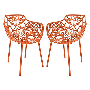 LeisureMod Devon Modern Aluminum Indoor-Outdoor Stackable Patio Dining Armchair, Set of 2, Orange