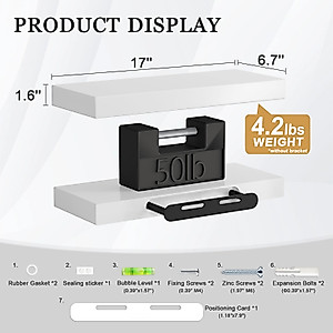 Premium White Glossy Finish Floating Shelves for Wall, 17'', Bright Solid Wood Floating Shelves, Sleek Wall Shelf Set with Strong Hidden Brackets for Contemporary Home Decor, Heavy Duty, Set of 2