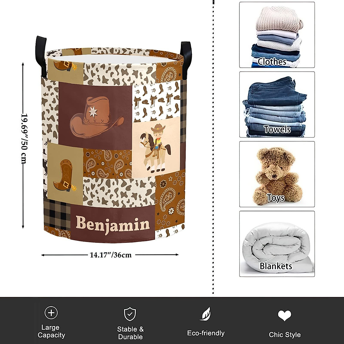 Personalized Laundry Basket Hamper,Cowboy Quilt,Collapsible Storage Baskets with Handles for Kids Room,Clothes, Nursery Decor