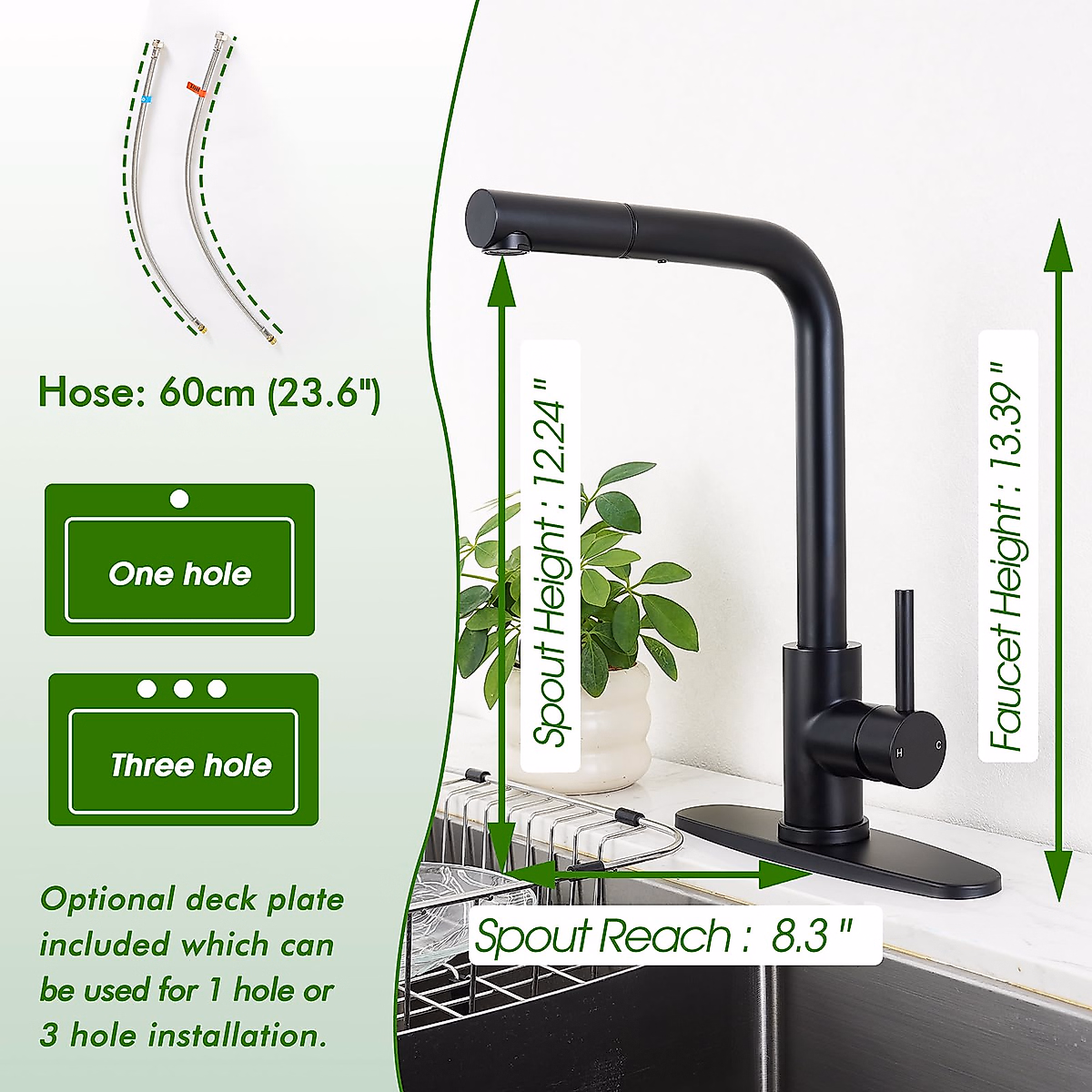 TRYWELL Kitchen Faucets with Pull Down Sprayer Stainless Steel Kitchen Sink Single Handle Utility Modern Black Kitchen Faucet and Deck Plate for Kitchen Bar Camper RV E-64-BK