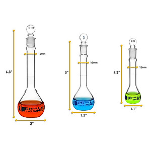 EISCO Premium Volumetric Flask Set - 10ml, 25ml & 50ml - Class A, ASTM E288 - Superior Durability & Chemical Resistance - Glass Penny Stoppers - Borosilicate 3.3 Glass
