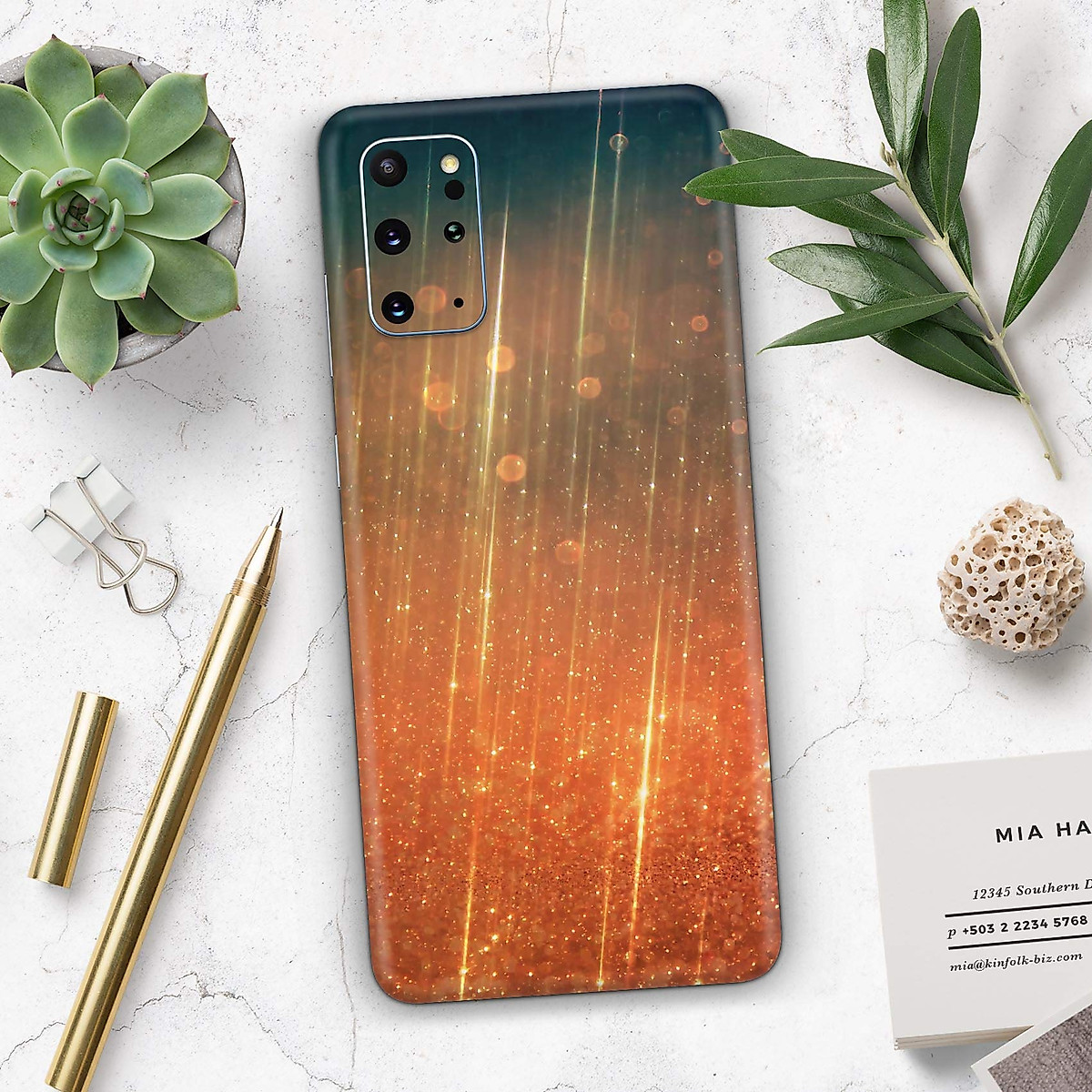 DesignSkinz Orange Scratched Surface with Gold Beams Protective Vinyl Decal Wrap Skin Cover Compatible with The Samsung Galaxy S20 (Screen Trim & Back Glass Skin)