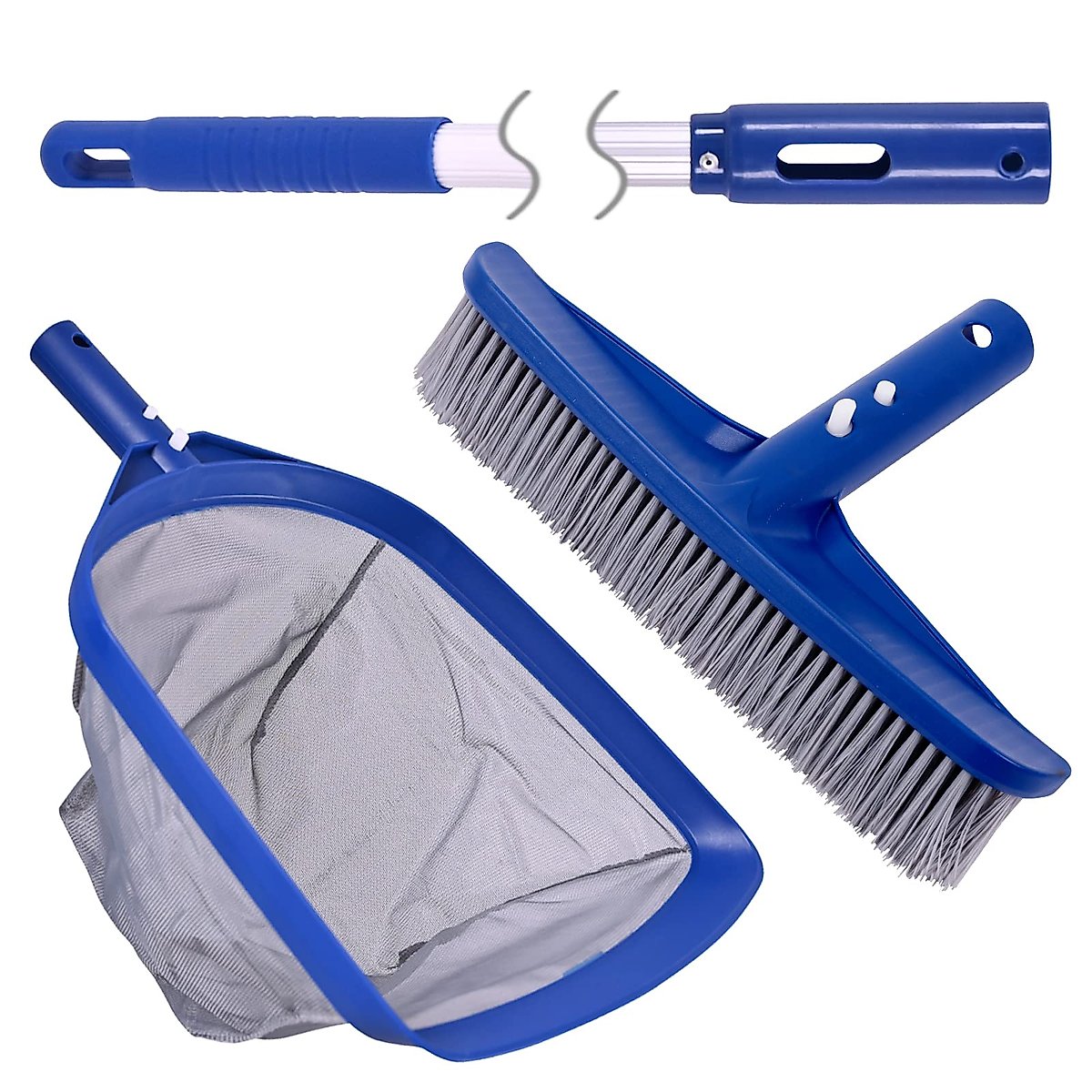 POOLAZA Pool Skimmer Net & Pool Brush Head with 50'' Aluminum Pool Pole, Fine Mesh Pool Net Skimmer Plus 14" Sturdy Pool Brushes for Cleaning Pool Walls, Ideal Pool Cleaning Kit for Above Ground Pool