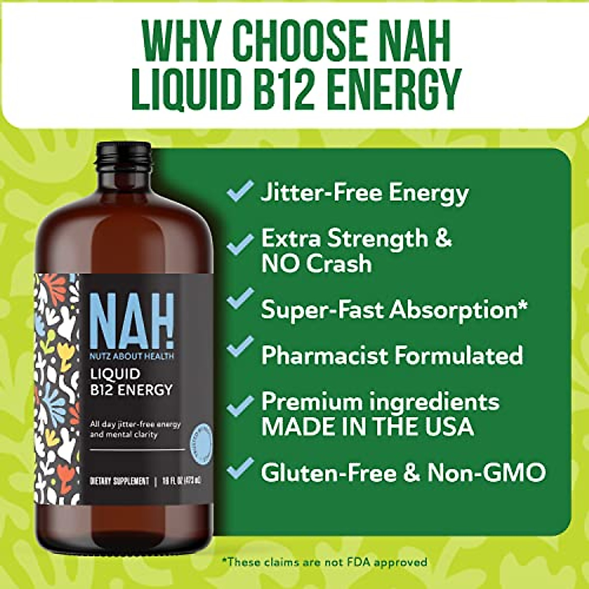 NUTZ ABOUT HEALTH B12 Liquid Vitamin 9000 mcg - Made in USA, High Potency All Natural Vitamins, Gluten Free, All Day Energy & Mental Clarity, 16 fl oz (32 Daily Servings)