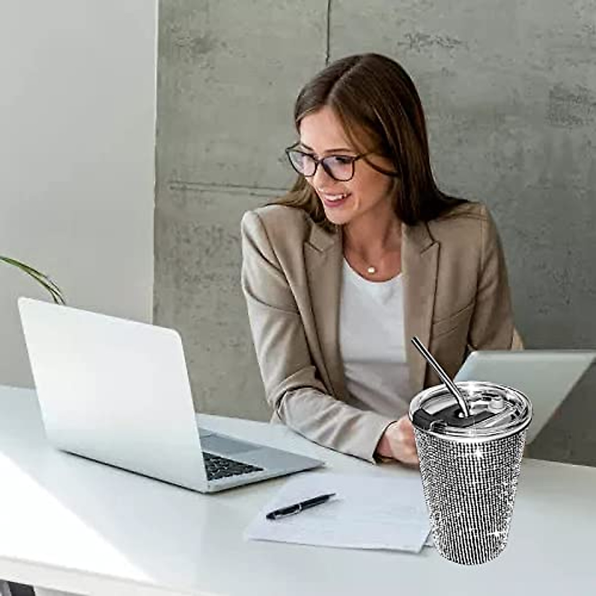 Bling Diamond Straw Cup,17oz Stainless Steel Thermal Bottle,Vacuum Double Wall Insulated Cup Glitter Water Bottle,Bling Cup, Leak-Proof Insulated Coffee Cup for Gym Fitness Travel Office Use (silver)