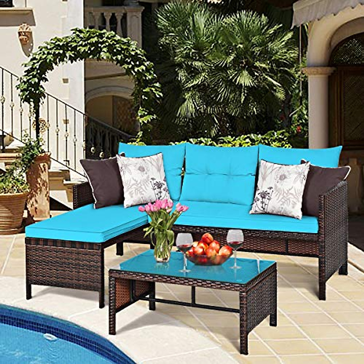 HAPPYGRILL 3-Pieces Patio Conversation Set Sectional Rattan Wicker Sofa Set with Steel Frame & Seat Cushion, Outdoor Table & Sofa Furniture Set for Garden Lawn Pool Backyard