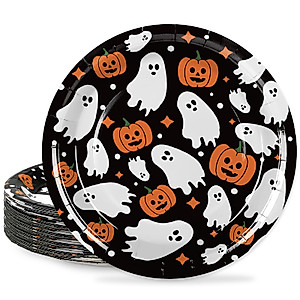 Generic AnyDesign 24Pcs Halloween Paper Plates Cute Ghost Pumpkin Disposable Plates 9 Inch Black Decorative Dinner Dessert Plates for Party Tableware Supplies