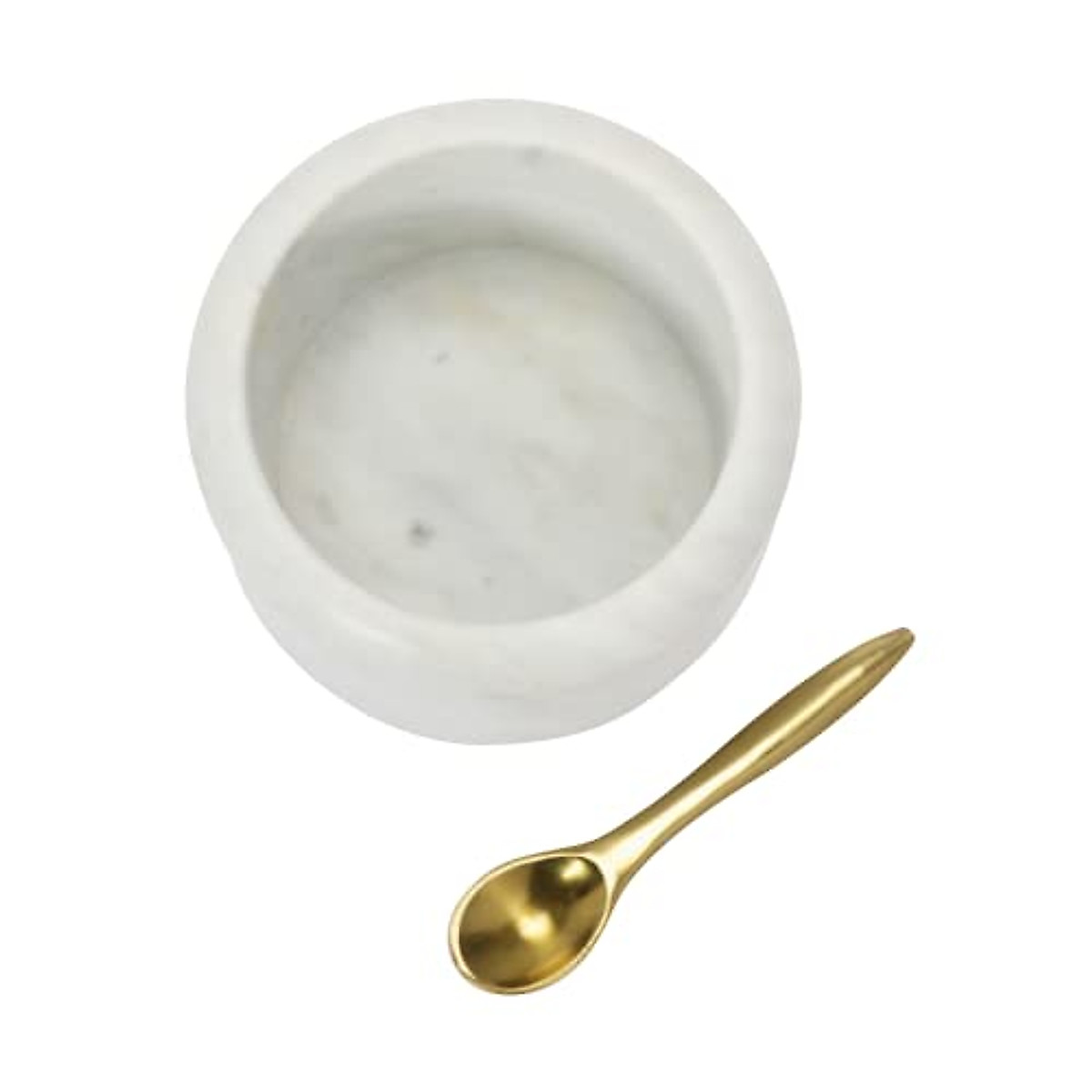 Creative Co-Op Marble Pinch Pot with Brass Spoon, Set of 2 Serveware, 4"L x 4"W x 3"H, White