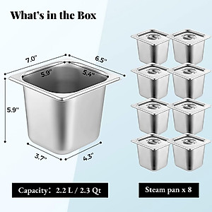 8 Pack Hotel Pans 1/6 Size with Lid, 6 inch Deep Stainless Steel Steam Table Pan, Anti Jam Steam Pan Metal Food Pans for Restaurant Cafeteria Party Catering
