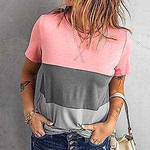 2023 Spring Summer New Matching Short Sleeve Top Shirt Women Loose Versatile Top Color Matching Pink