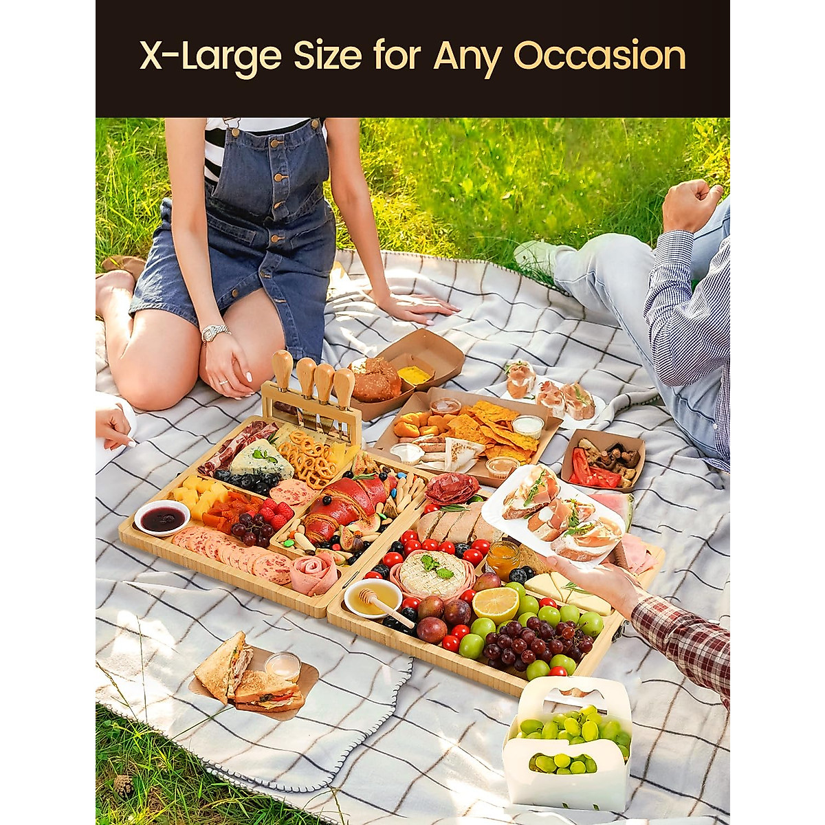 Charcuterie Boards Gift Set, Chezerra Bamboo Cheese Board Set, Folding Cheese Board with Handle, Cheese Knife Set - Unique White Elephant, House Warming, Wedding Gift, Portable Outdoor Cheese Plate