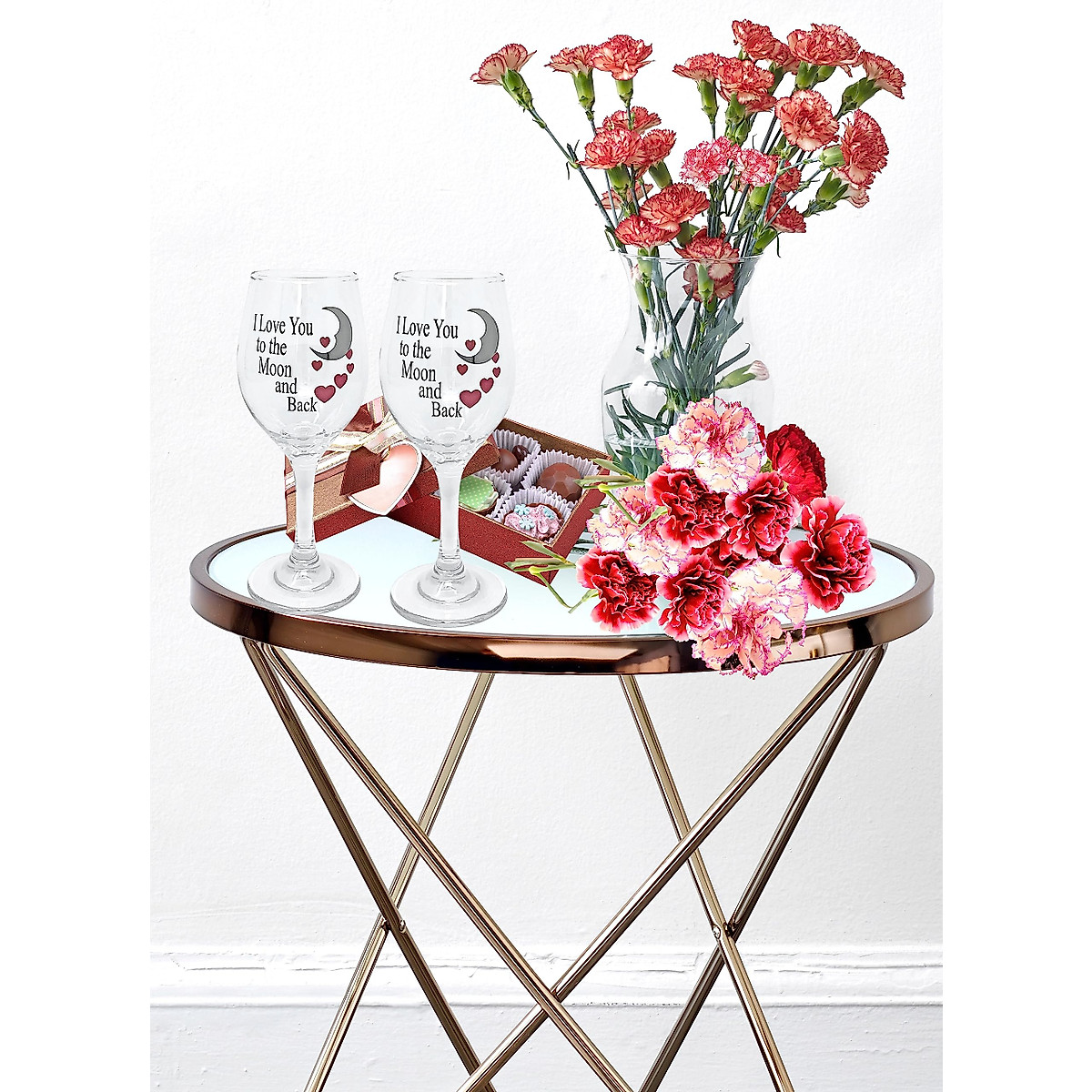 BANBERRY DESIGNS - Set of 2 Wine Glasses - I Love You to the Moon and Back Design with Red Hearts - 14 oz