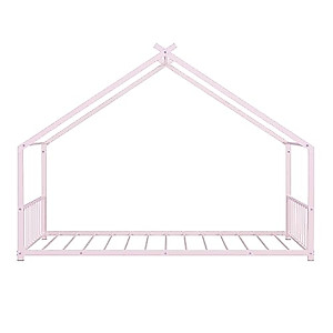 SIYSNKSI Twin Size House Bed, Metal Floor Bed Frame with Roof and Sturdy Slat Support, Platform Bed for Kids Teens Girls Boys Bedroom Furniture, No Box Spring Needed (Pink+ Metal-C35)