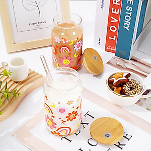 Whaline Boho Ice Coffee Cup 16oz Retro Groovy Glasses Cup with Bamboo Lids Glass Straw Cleaning Brushes Flowers Aesthetic Drinking Glasses Beer Glass Can for Cocktails Whiskey Beer Soda Gifts, 2Pcs