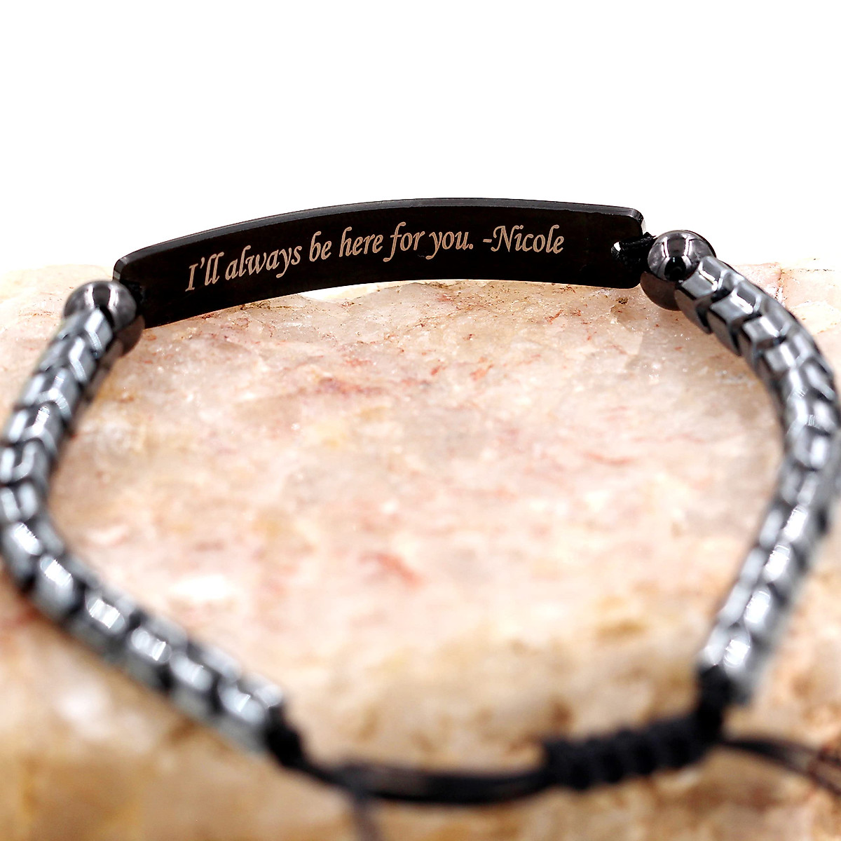 Natural Black Hematite Stone Beads Engraved Name ID Bracelet for Men Women Customized Kids Name Bracelet for Mom Dad Y1457
