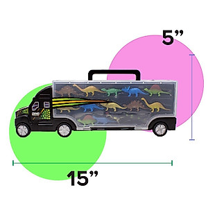 Boley 14 Piece 16" Dinosaur Transport Truck Carrier - Miniature Dino Figures with Semi Truck Trailer Toy - Loadable Miniature Dinosaurs with Portable Truck and Collapsible, Easy-to-Hold Handle