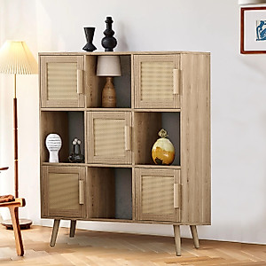 SSLine Boho Rattan 9-Cube Storage Organizer Rustic Wooden Bookcase with 4 Open Cubes & 5 Rattan Door Cabinets Free-Standing Bookshelf Display Cube Shelves for Living Room Home Office